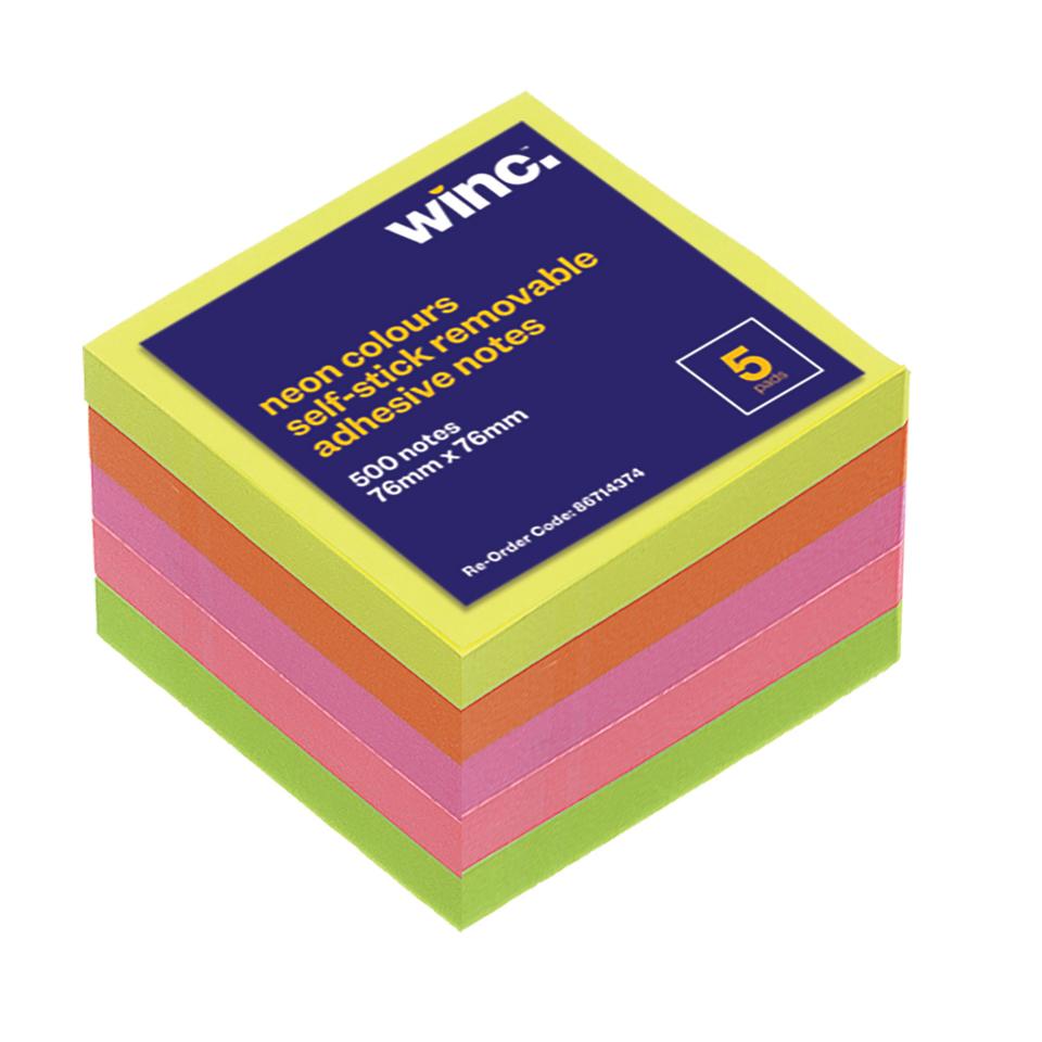 Winc Self-Stick Removable Notes 76 x 76mm Neon | Winc