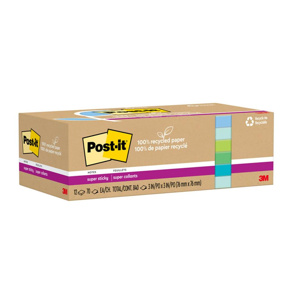 Post-it 100% Recycled Paper SS Notes 76x76 Oasis Pack 12 | Winc
