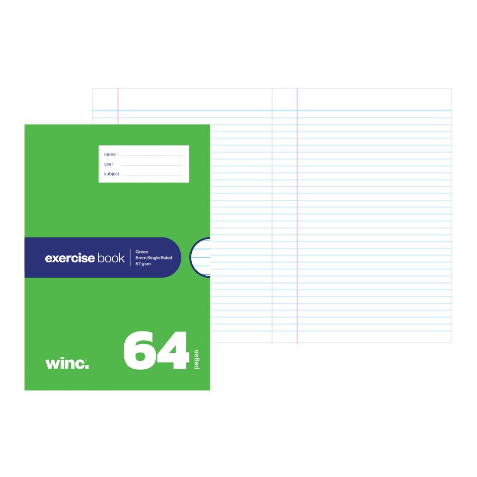 Winc Exercise Book NSW 250x175mm 8mm Ruled 57gsm 64 Pages Green Pack 20 ...