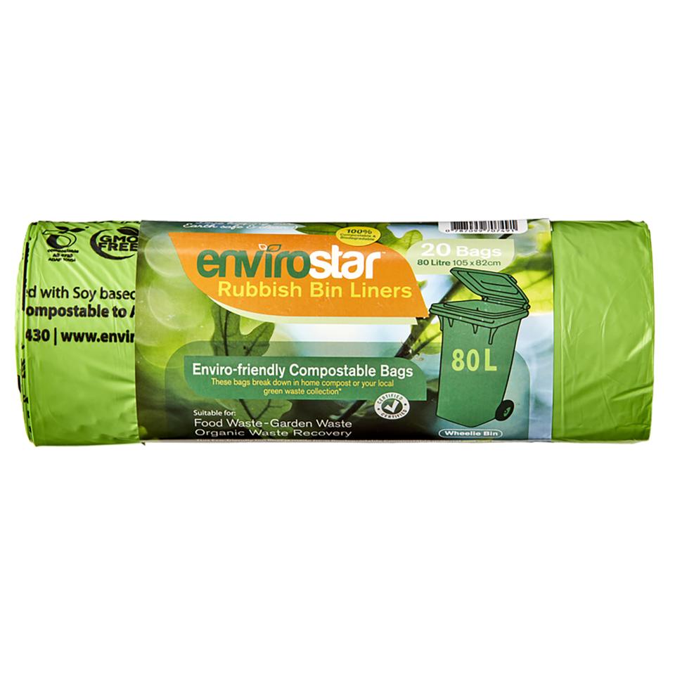Envirostar 80 Litre Green Compostable Bin Liner 23um Printed Roll 20 ...