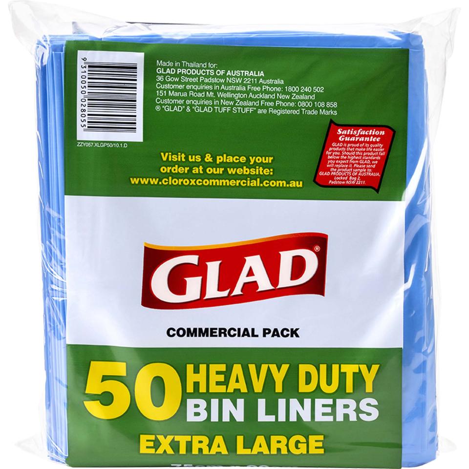 Glad XLGP50/10 Heavy Duty Bin Liners XLarge 70-77L Blue Pack 50 | Winc