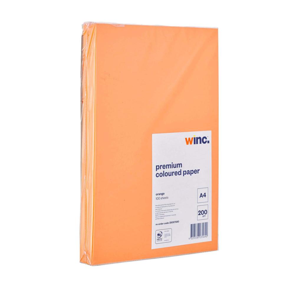 Winc Premium Coloured Cover Paper A4 200gsm Orange Pack 100 | Winc