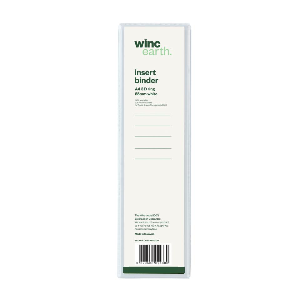 Winc Earth Insert Binder A4 3 D Ring 65mm White | Winc