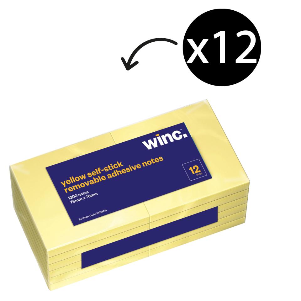 Winc Self-Stick Removable Notes 76X76mm Yellow Pack 12 | Winc