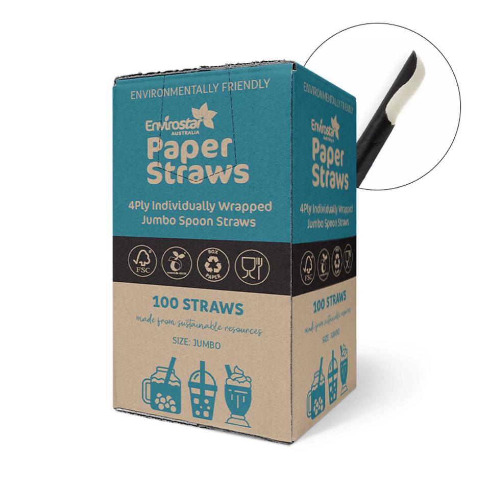 Envirostar Jumbo Spoon Straw Individually Wrapped 4 Ply Paper Black 8 ...