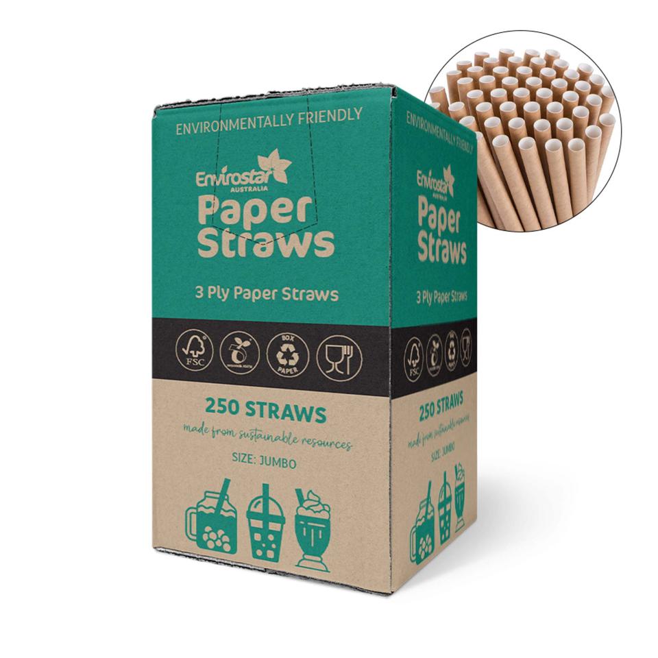 Envirostar Jumbo Paper Straw 8mm x 230mm Kraft Pack 250 | Winc