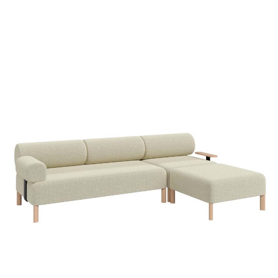 Pebbles L Shape Sofa With Table Bone Upholstery And Wooden Legs | Winc