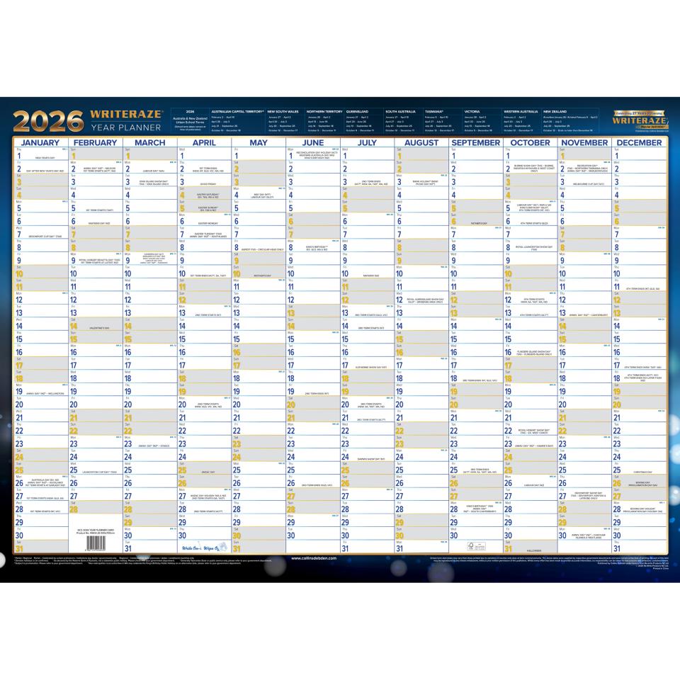 Writeraze 2026 QC2 Laminated Card Yearly Planner 500 x 700mm | Winc