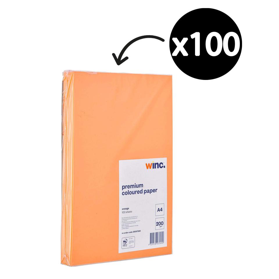 Winc Premium Coloured Cover Paper A4 200gsm Orange Pack 100 | Winc