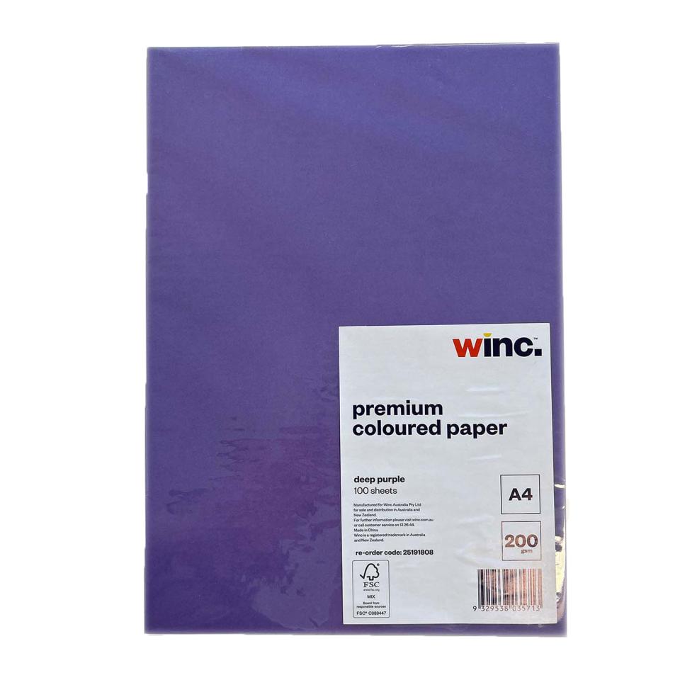 Winc Premium Coloured Cover Paper A4 200gsm Deep Purple Pack 100 | Winc