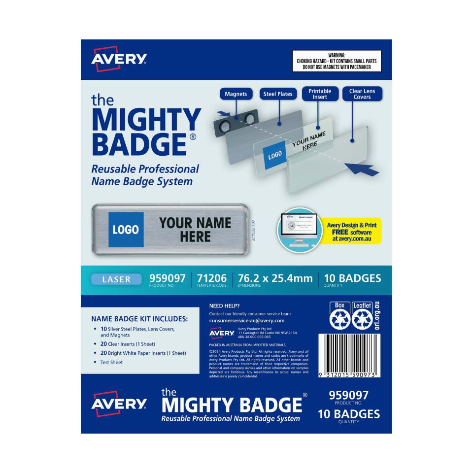 Avery The Mighty Badge Resuable Name Badge Kit 76.2 X 25.4mm 71207 Pack ...
