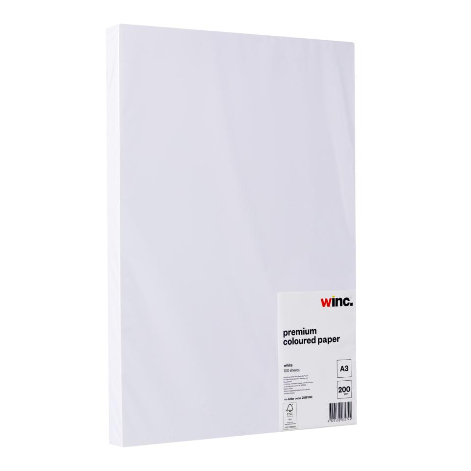 Winc Premium Coloured Cover Paper A3 200gsm White Pack 100 | Winc
