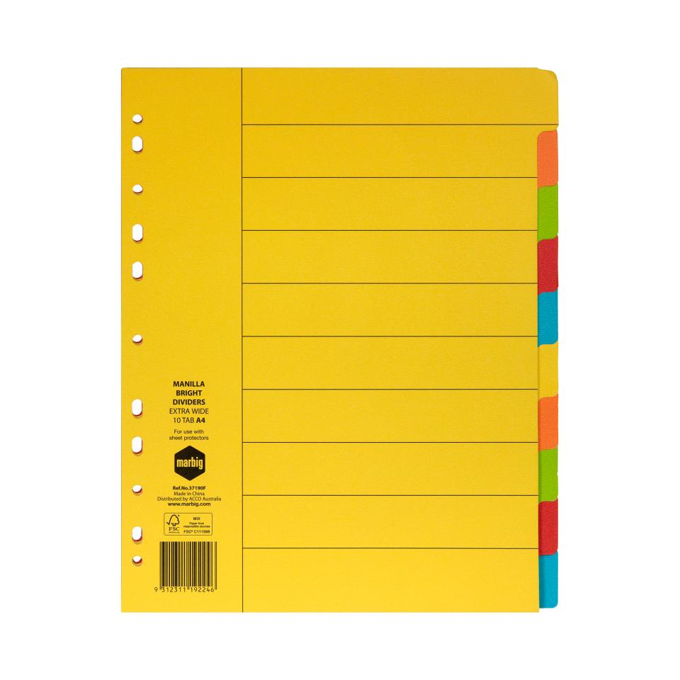 Marbig Dividers A4 Manilla Extra Wide Bright Coloured 10 Tab | Winc