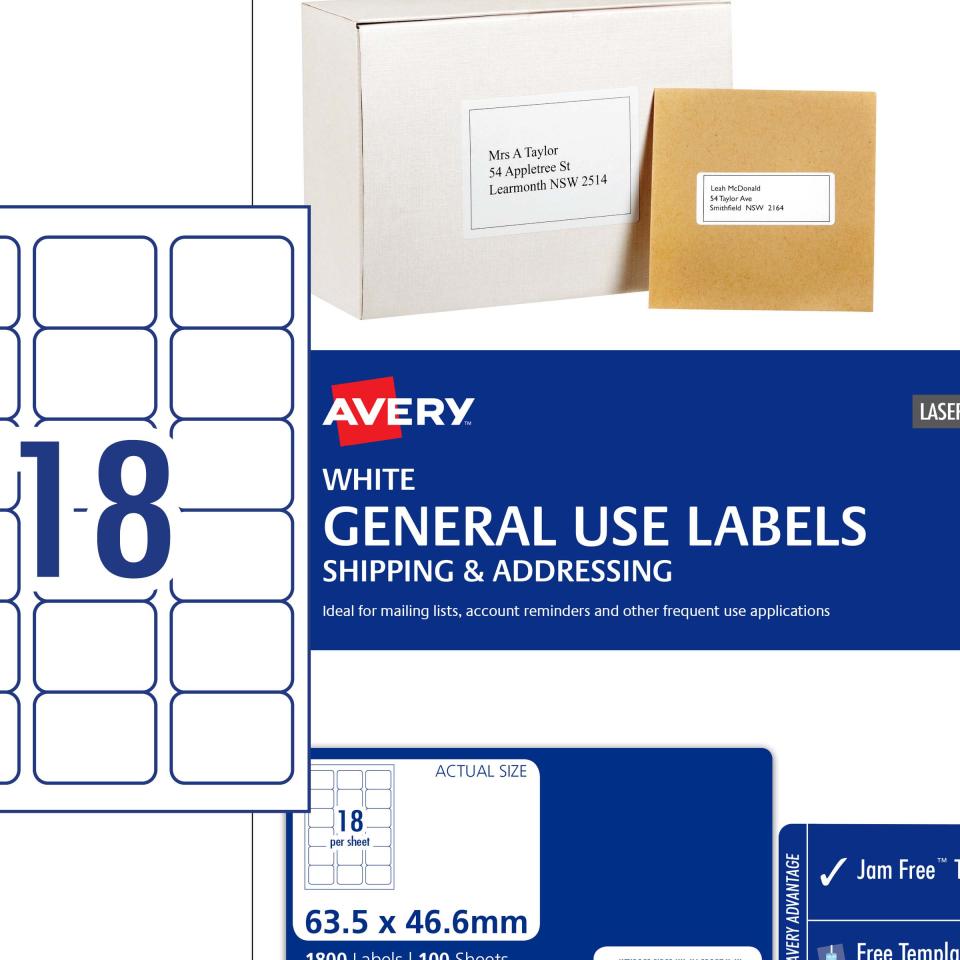 Avery General Use Labels - 63.5 x 46.6mm - 1800 Labels (L7161GU) | Winc