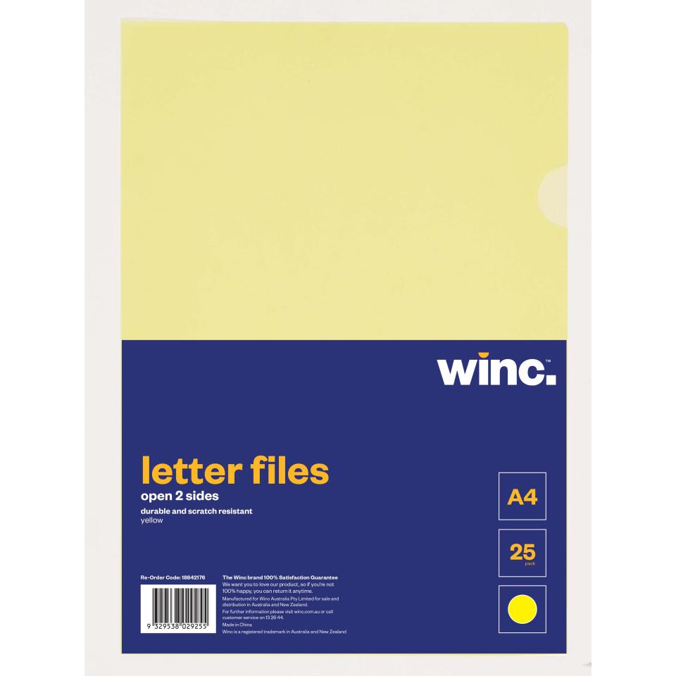 Winc Letter File A4 Open 2 Sides Yellow Pack 25 | Winc