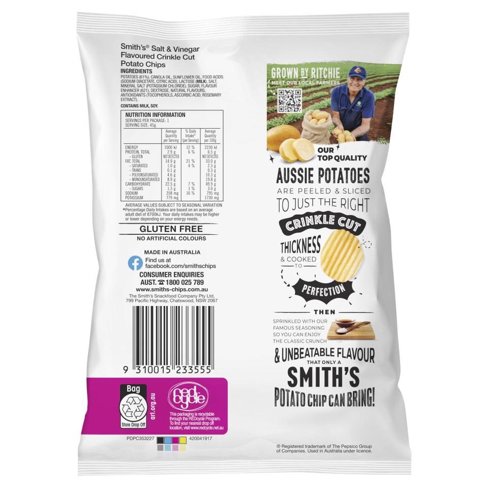 Smiths Chips Crinkle Cut Salt & Vinegar 45g Carton 18 | Winc