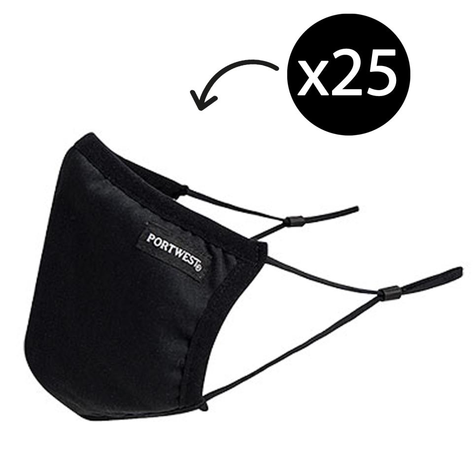 Portwest Cv33 Fabric Face Mask 3-Ply Black Pack 25 | Winc
