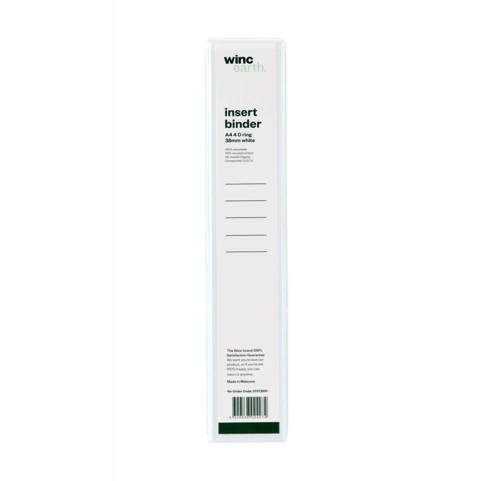 Winc Earth Insert Binder A4 4 D Ring 38mm White | Winc